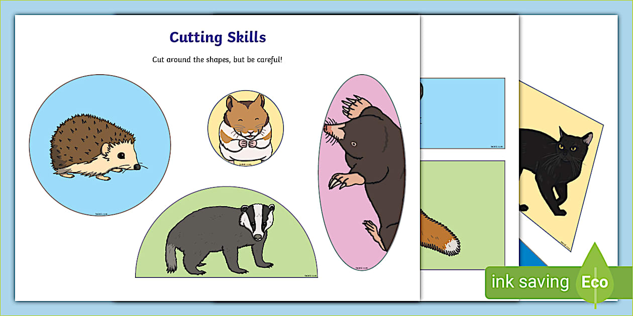 Black and White Nocturnal Animals Cutting Skills Worksheet