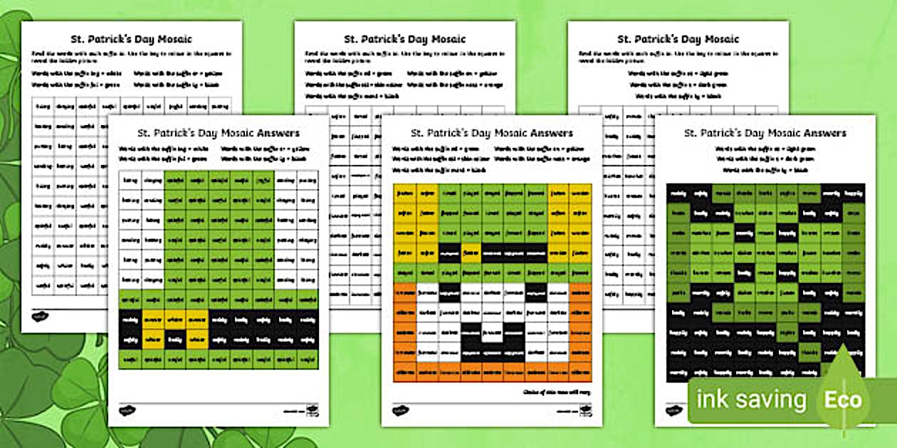 St. Patrick's Day Phase 6 Phonics Mosaic Worksheets - Twinkl