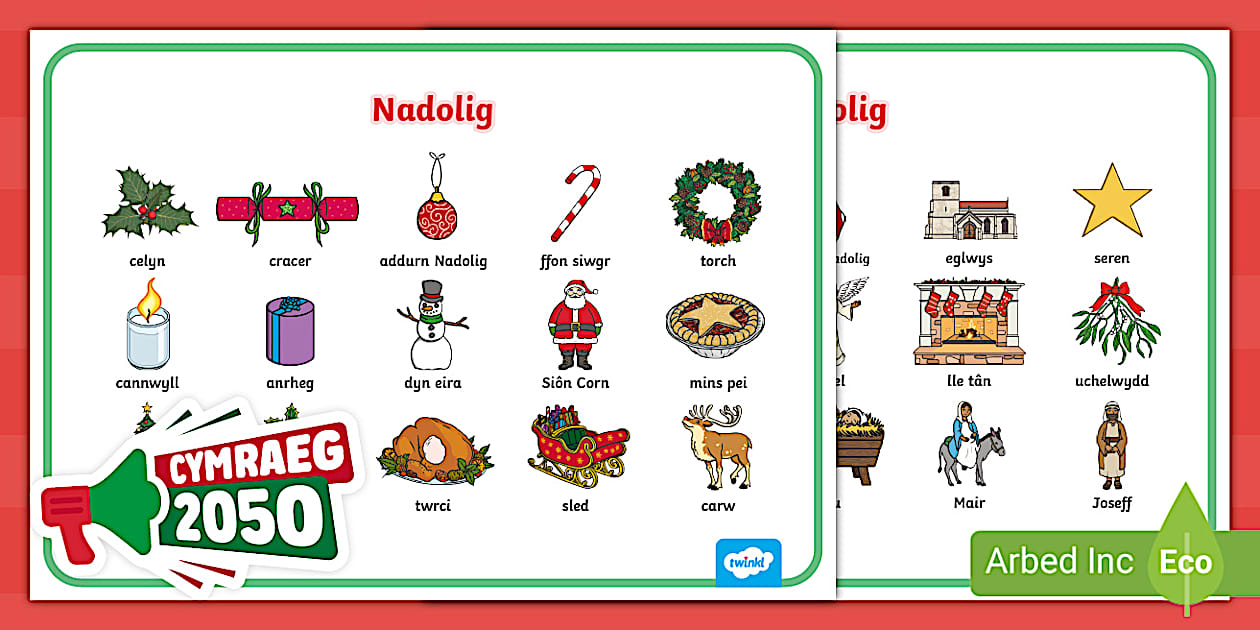 Welsh Christmas Festive Vocabulary - Word Mats - Twinkl