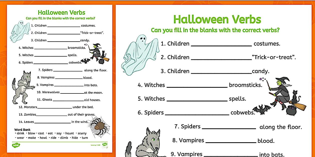 Halloween Verbs Worksheet｜Twinkl