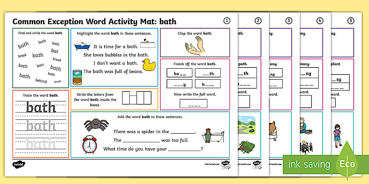 Cursive Year 2 Common Exception Word Activity Mat Pack 8