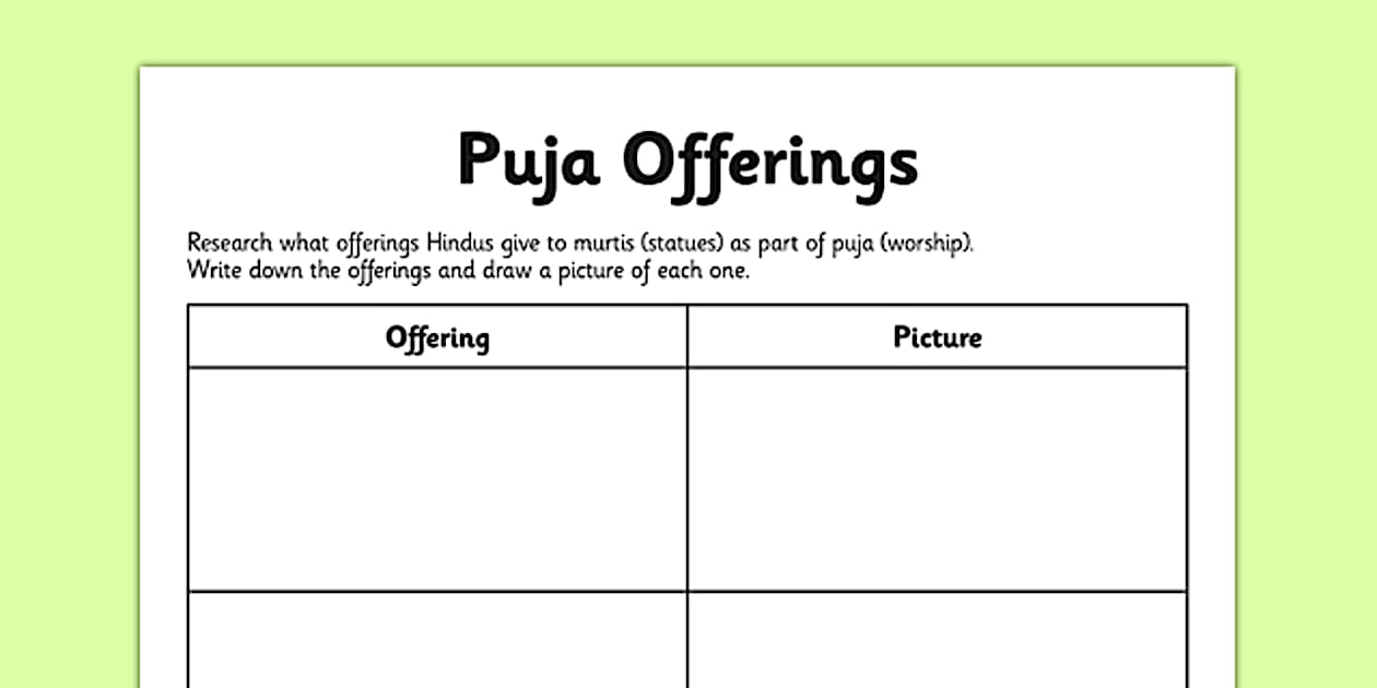 Hinduism Worksheet / Worksheet Puja Offerings (teacher made)