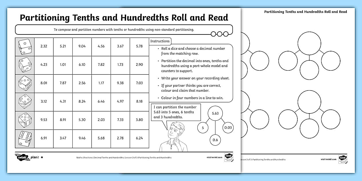 👉 Partitioning Decimal Tenths and Hundredths Differentiated Activity Sheets