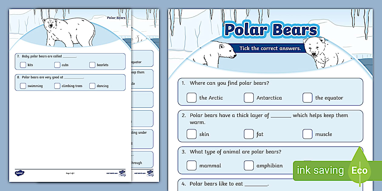 KS1 Polar Bears Paper Quiz - Animals - Arctic - Twinkl