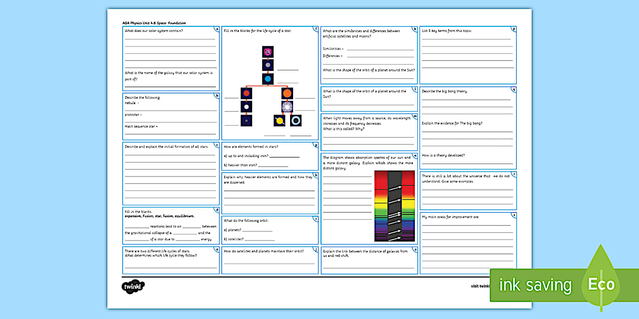 AQA Physics (Separate) Unit 8 Space- Foundation Revision Activity Mat