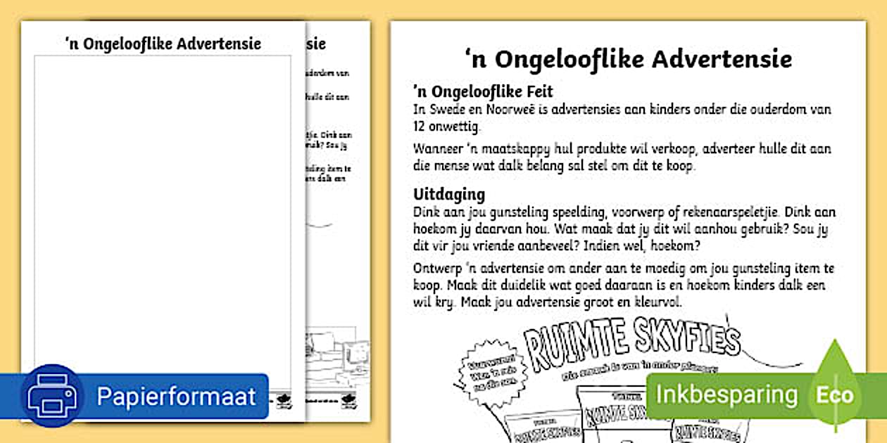 'n Ongelooflike Advertensie Werkblad (teacher made) - Twinkl