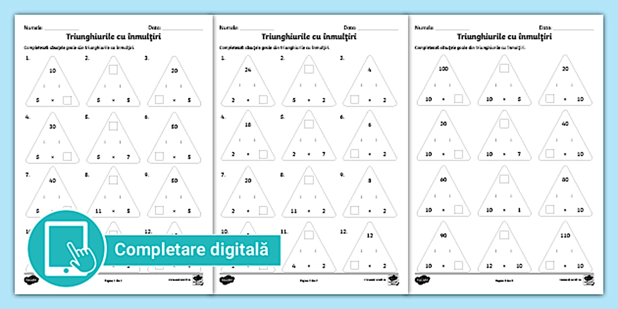 Tabla înmulțirii de la 2 la 12 - Fișă cu completare digitală