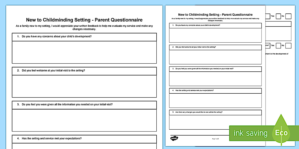 New to Childminding Setting - Parent Questionnaire - Twinkl