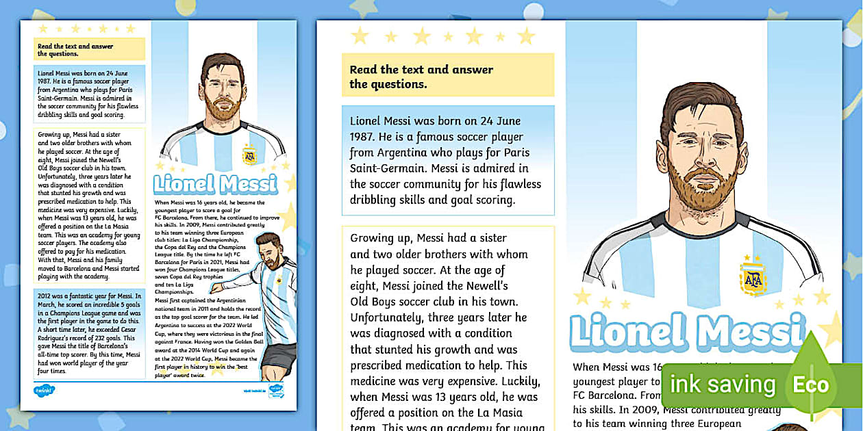 Reading Comprehension Homework Week 2 Lionel Messi 3rd/4th Class