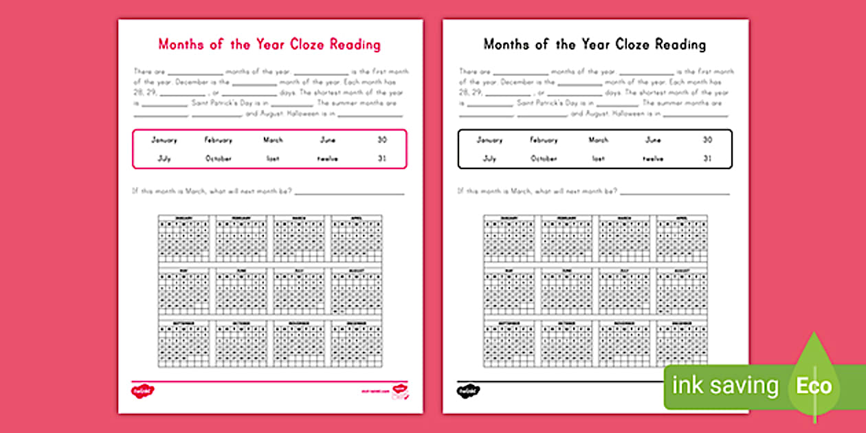 Months of the Year Cloze Reading Worksheet for K-2nd Grade