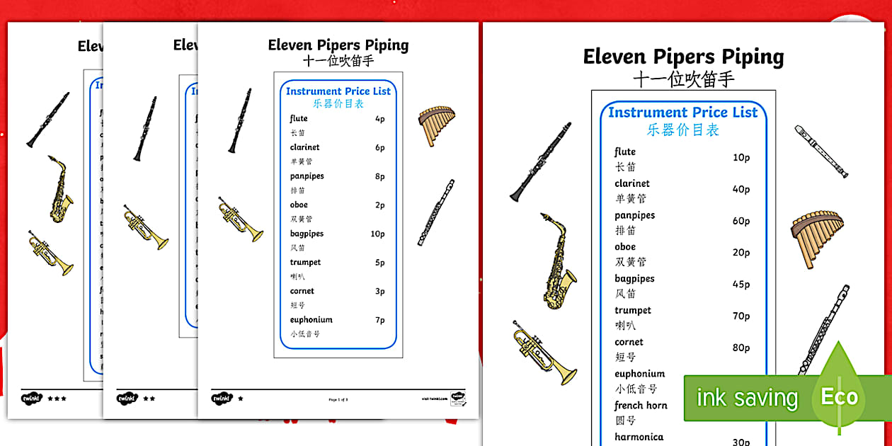 Lower Ability Eleven Pipers Piping Worksheets English/Mandarin Chinese