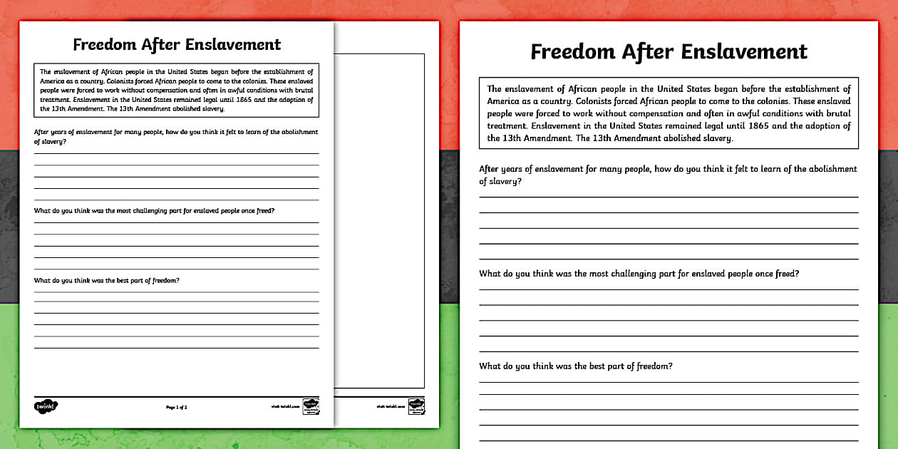 Freedom After Enslavement Writing Worksheet for 3rd-5th Grade