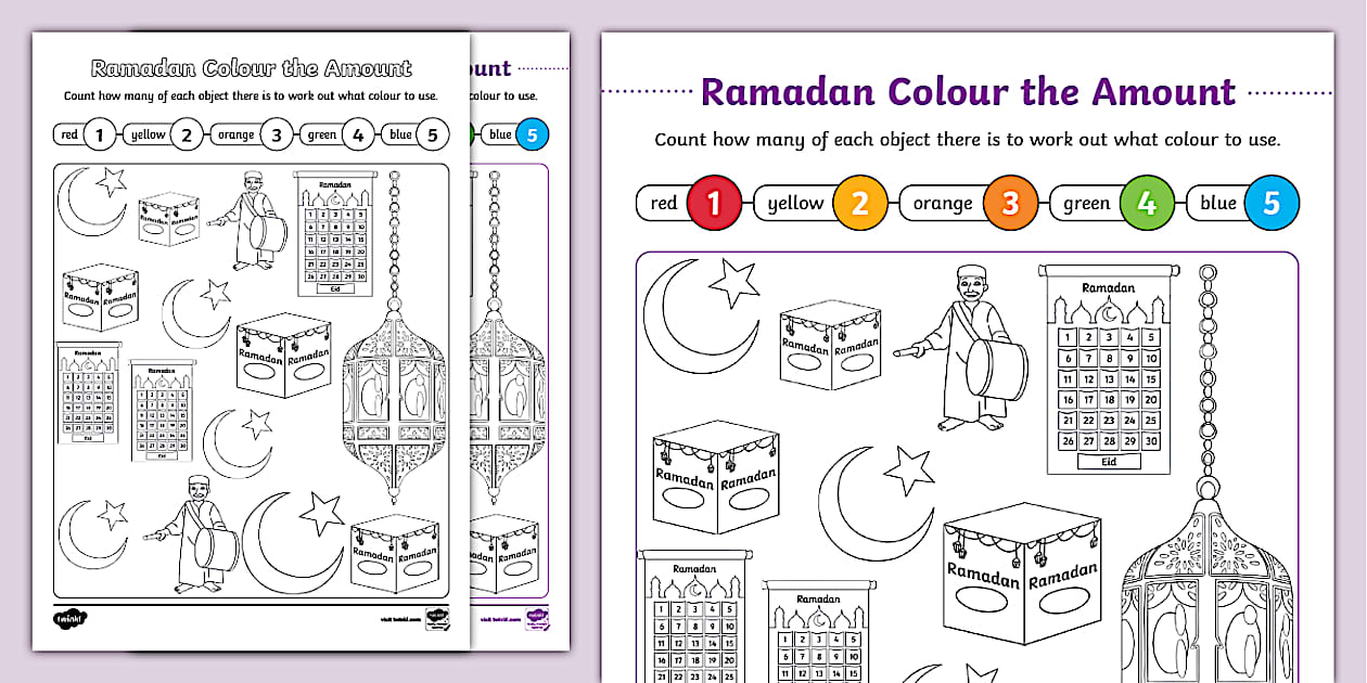 Ramadan Colour the Amount Worksheet (Teacher-Made) - Twinkl