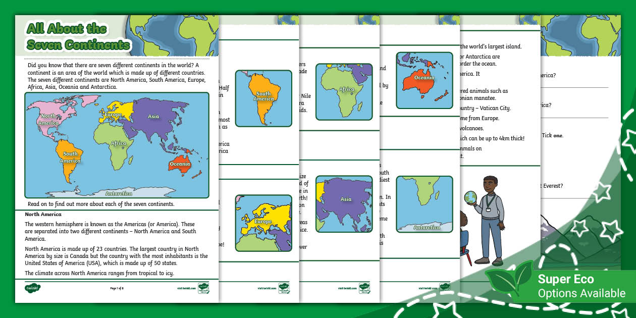 KS1 Seven Continents Reading Comprehension Activity Sheets