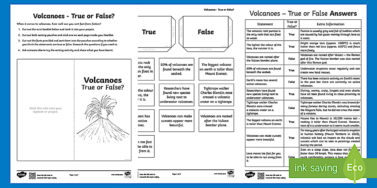 Volcanoes True or False Sorting Worksheet / Worksheet