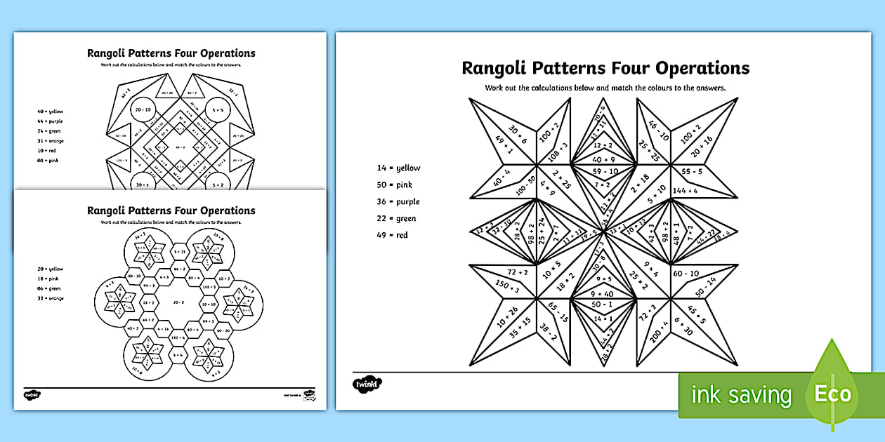 Rangoli Patterns Four Operations to 100 Colour by Number