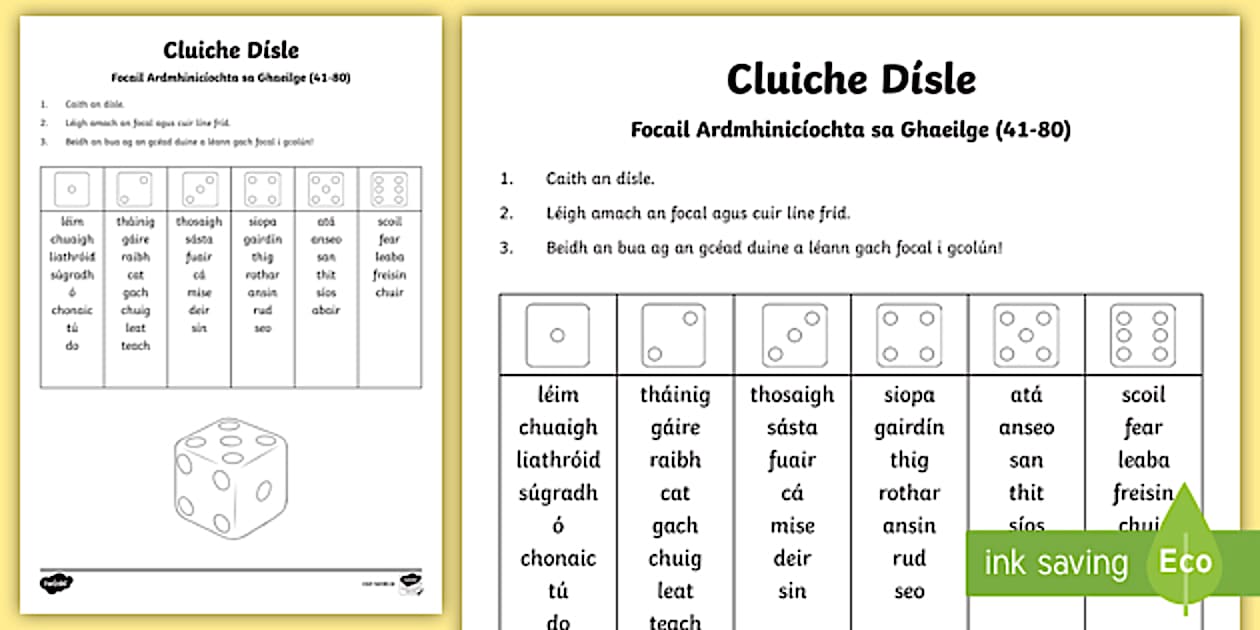 High Frequency Irish Words (41-80) Dice Game Gaeilge