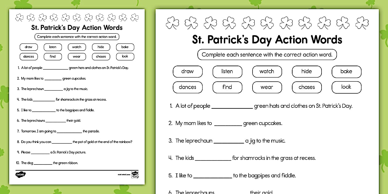 St. Patrick's Day Action Words Worksheet for K-2nd Grade