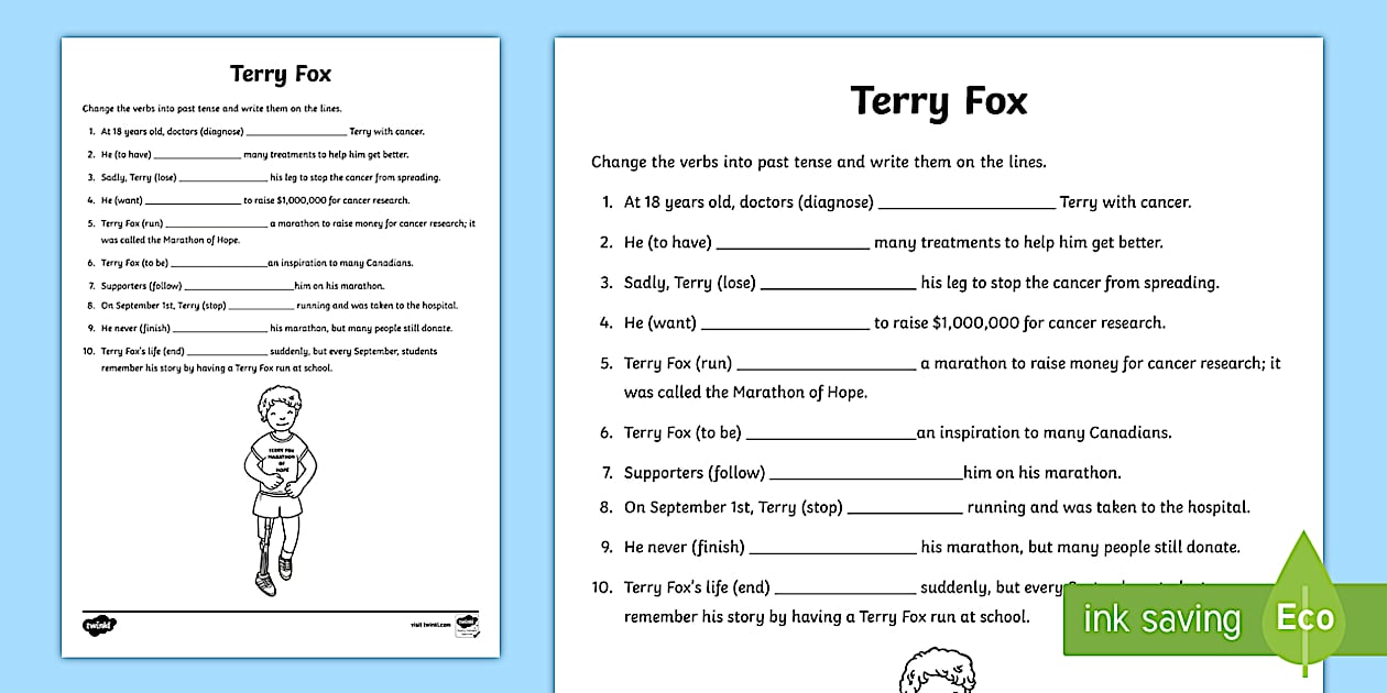 Terry Fox Past Tense Worksheet (teacher made) - Twinkl