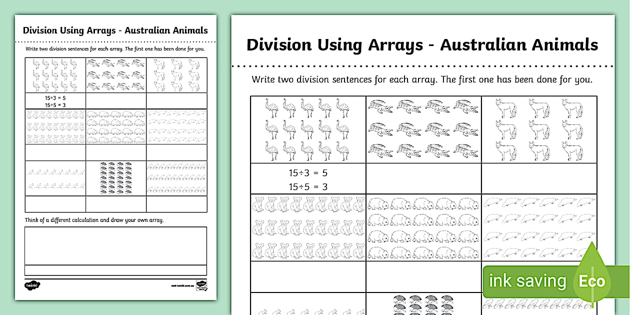 Division Using Arrays Australian Animals Worksheet - Twinkl