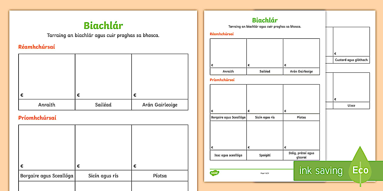 Draw the Menu Worksheet / Worksheet ( Biachlár - Tarraing an biachlár ...