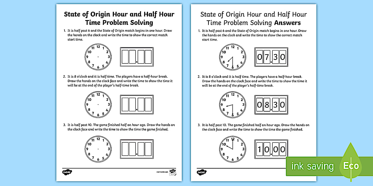 TAS State of Origin Hour and Half Hour Time Problem Solving Worksheet