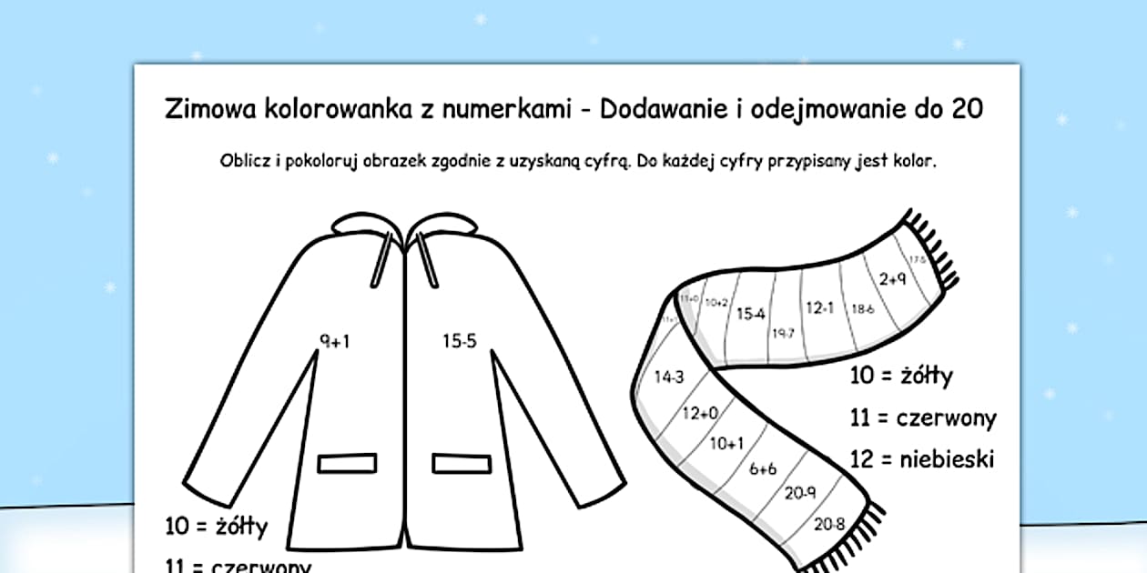 Arkusz Dodawanie i odejmowanie do 20 po polsku Zima - liczby