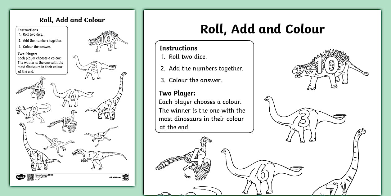 Dinosaur Colour and Roll Worksheet / Worksheet - Twinkl