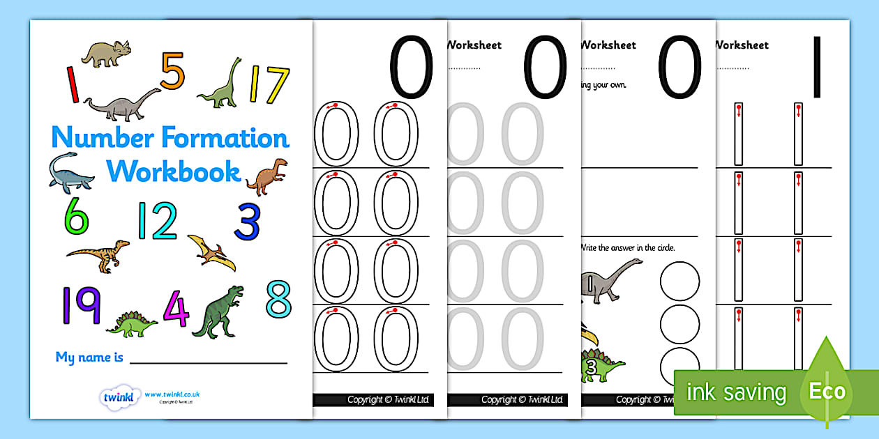 Black and White Dinosaur Themed 0-9 Number Formation Workbook