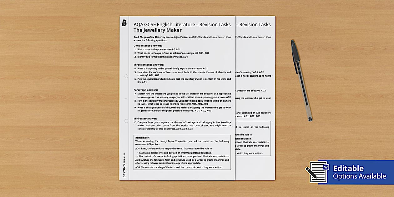 The Jewellery Maker Differentiated Revision Worksheets