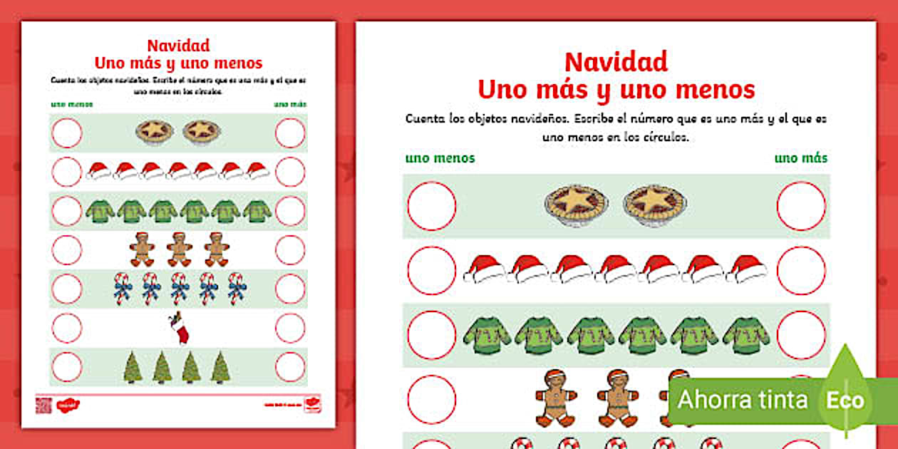 Hoja de actividad: Navidad uno más y uno menos - Twinkl