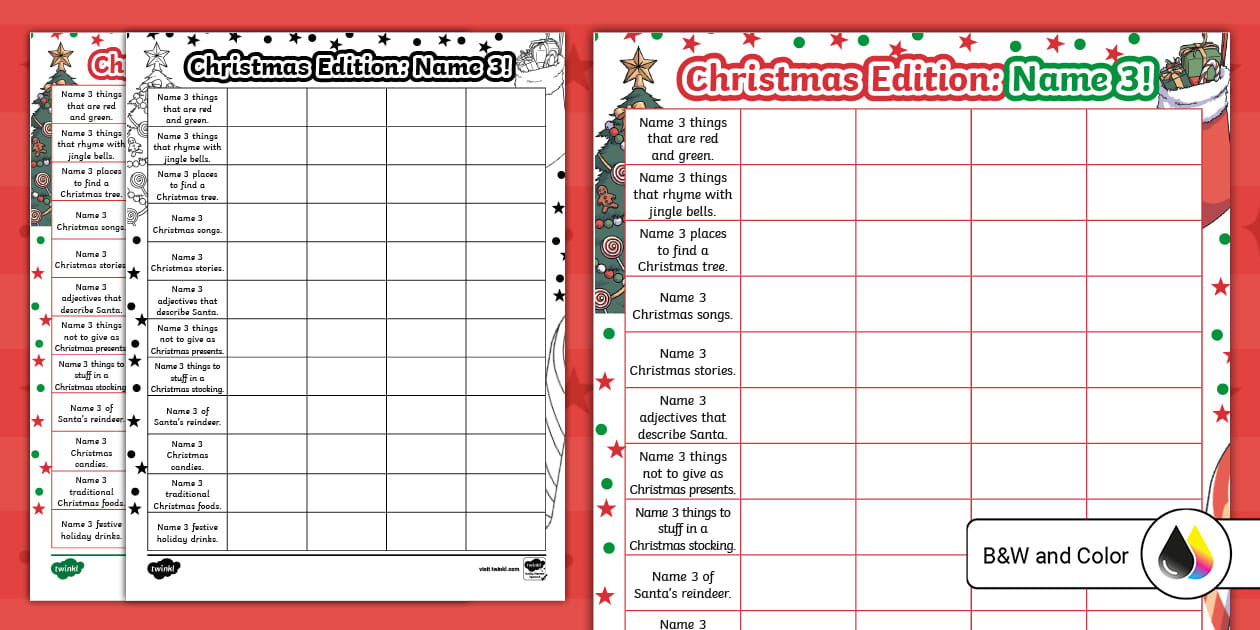 Christmas Edition: Name 3 Game Sheet for 3rd-5th Grade