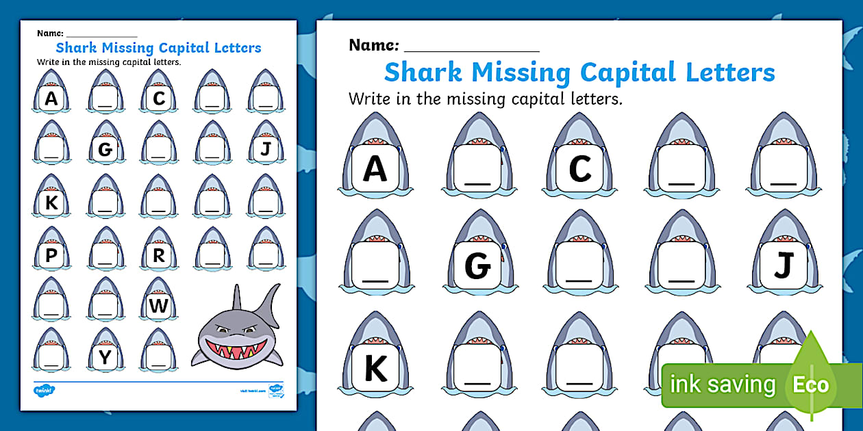 Shark Missing Capital Letters Worksheet | Twinkl | KS1