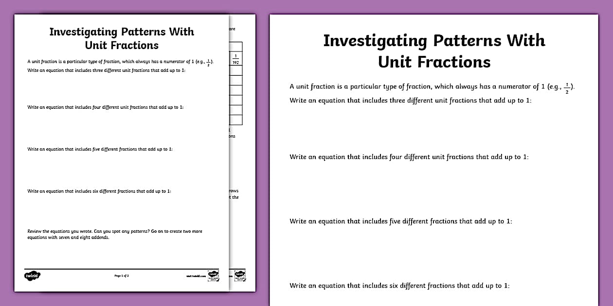 Adding Fractions: Investigating Unit Fractions That Total 1 Worksheet for