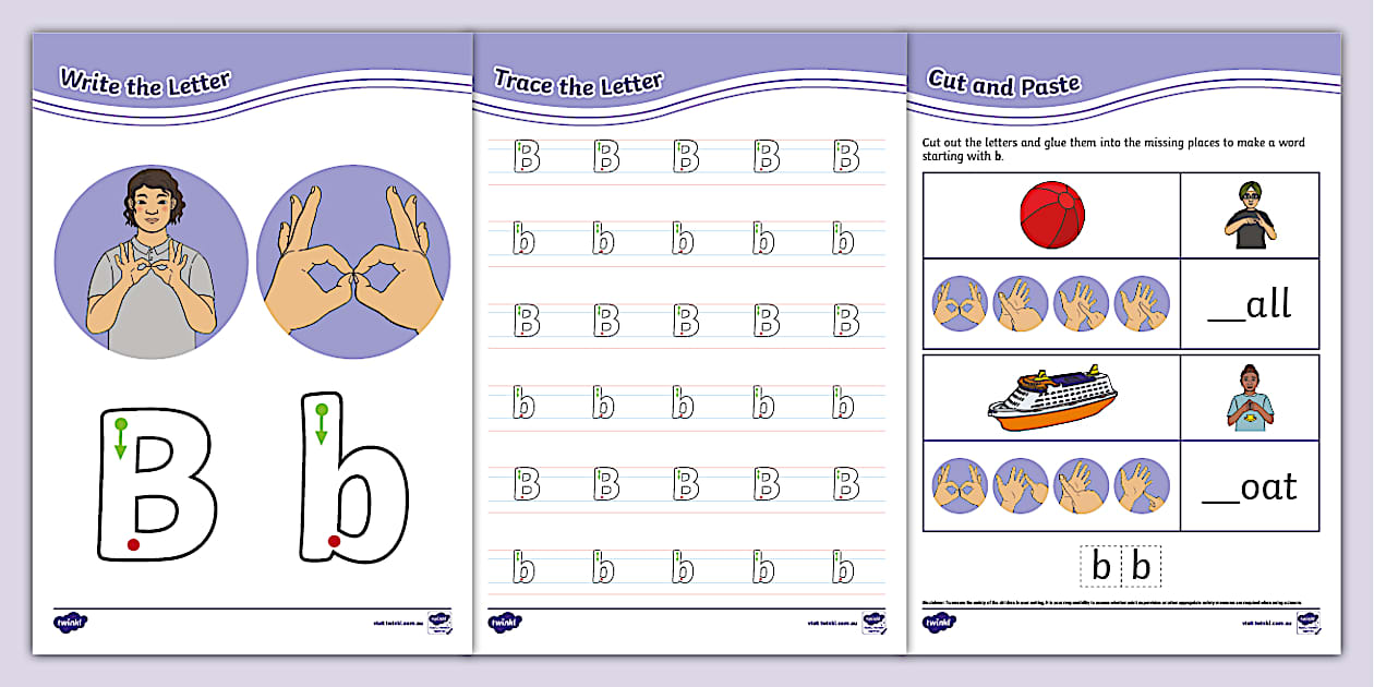 Letter B Handwriting Worksheets with Auslan (teacher made)