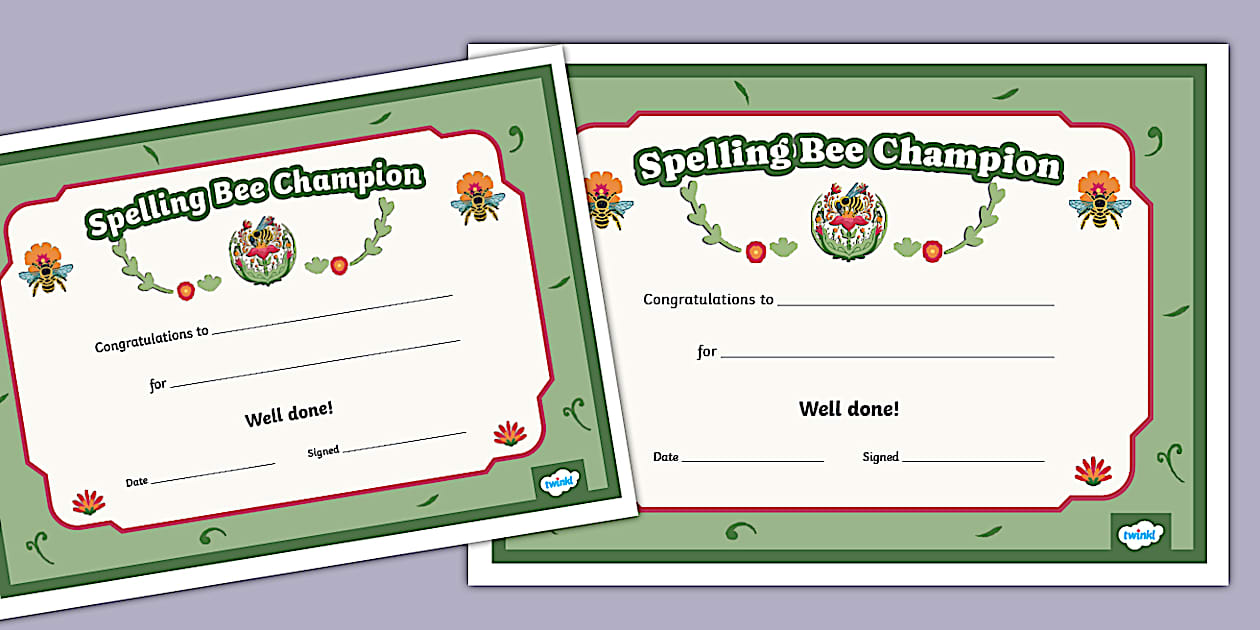 Bee-Themed Spelling Bee Champion Certificate (teacher made)