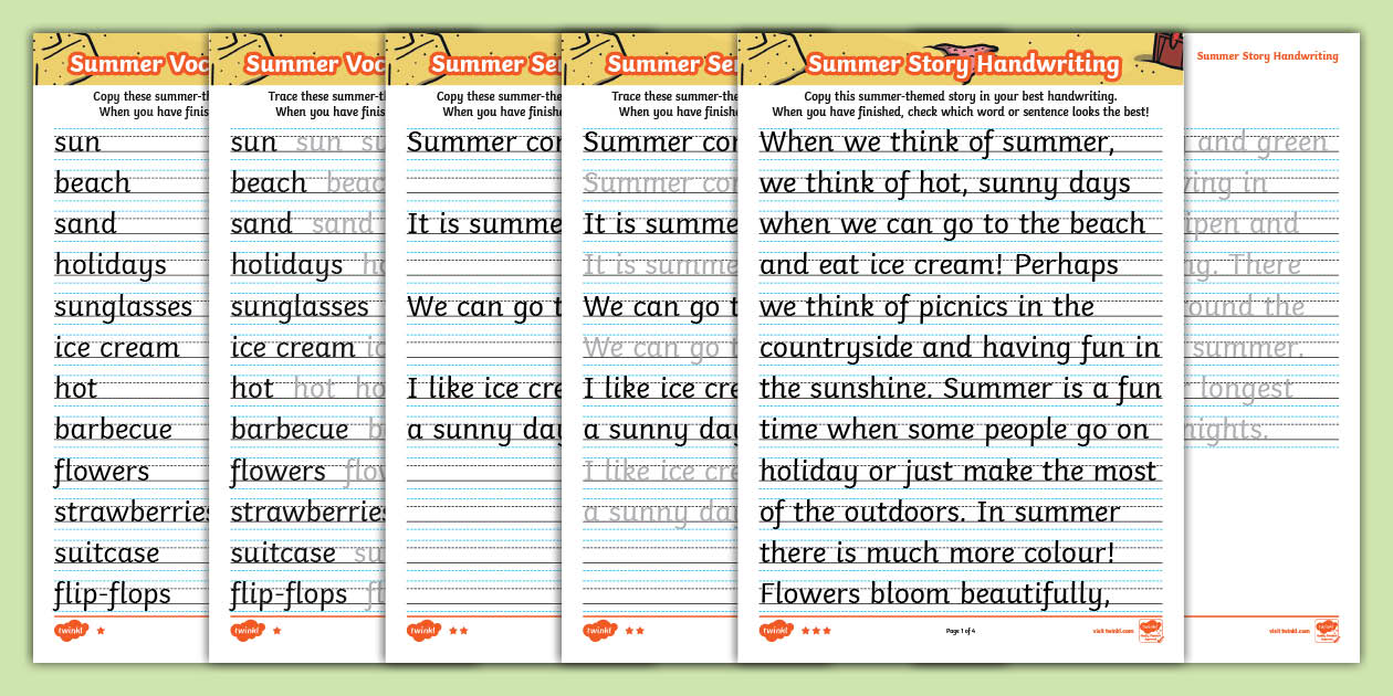 Summer Vocabulary Differentiated Handwriting Activity Sheets