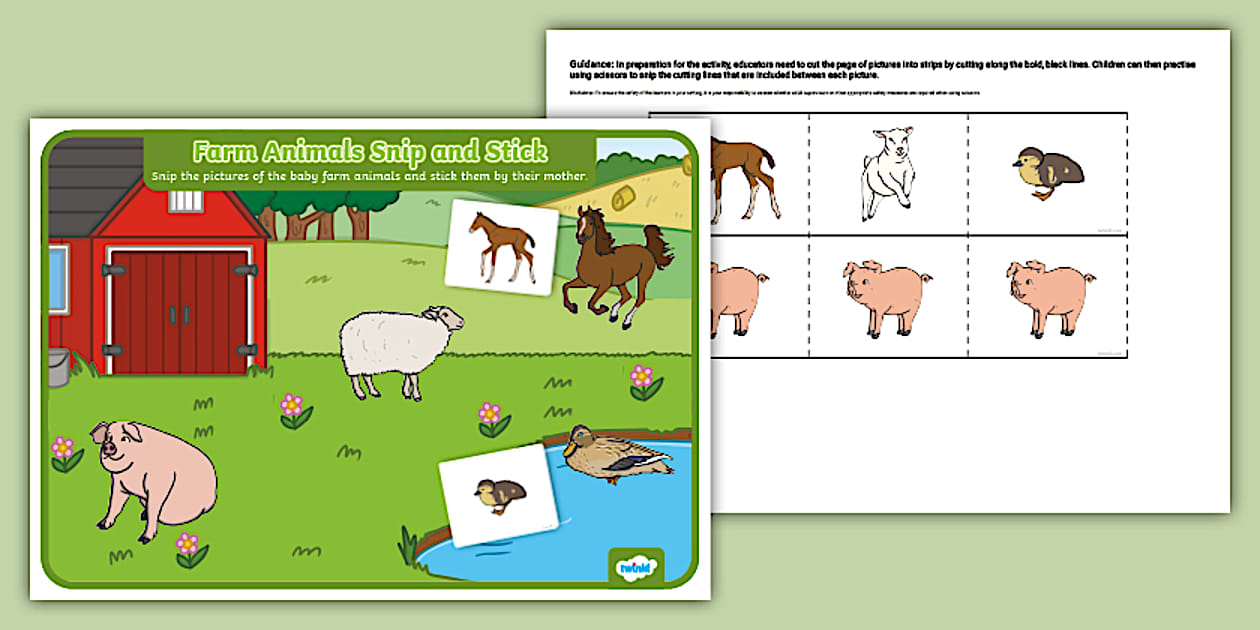 Farm Animals Snip and Stick Cutting Activity | Twinkl