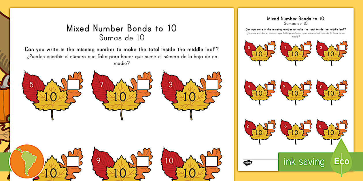 Fall Leaf Mixed Number Bonds to 10 Worksheet / Worksheet - English/Spanish