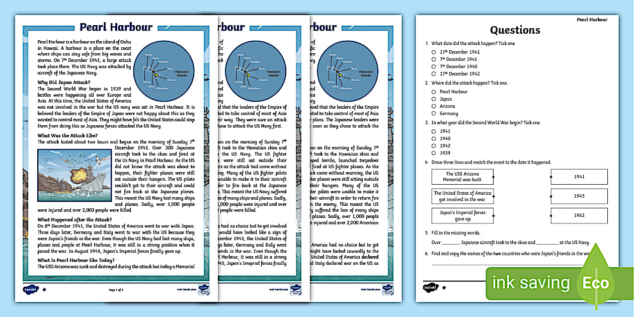 LKS2 Pearl Harbour Differentiated Reading Comprehension Activity