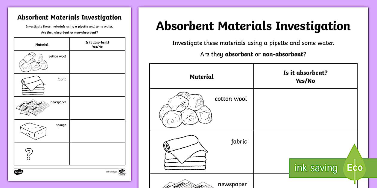 Absorbent and Non-Absorbent Materials Worksheet – Twinkl