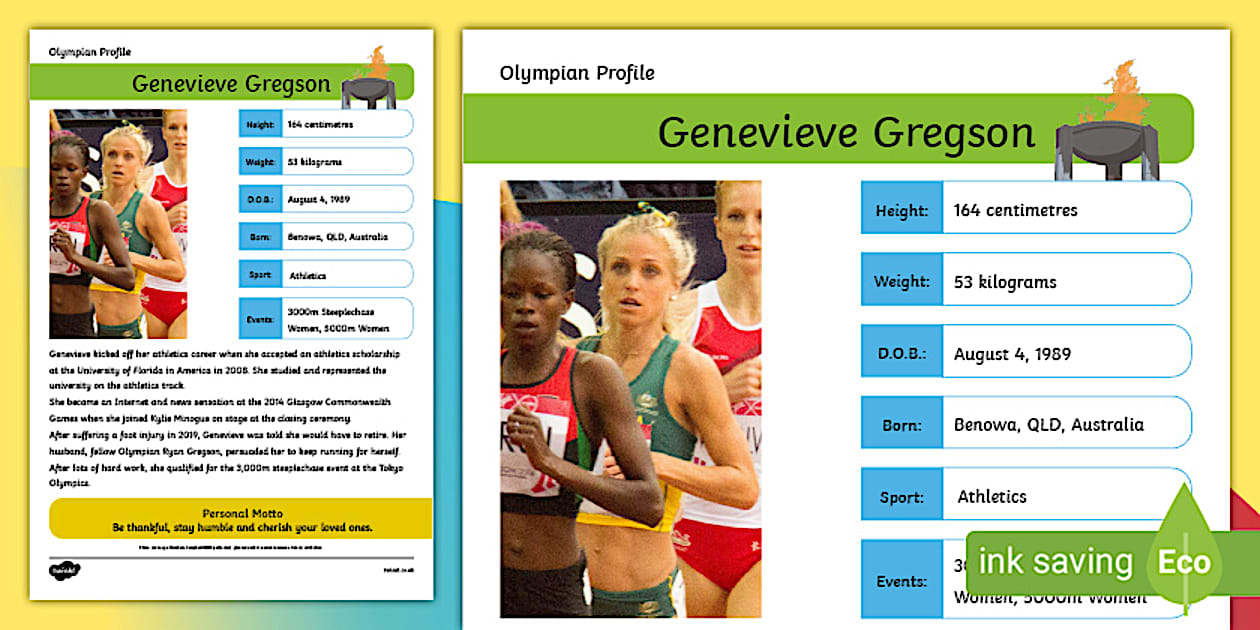 NSW Australian Olympian Genevieve Gregson Handwriting Practice Worksheet