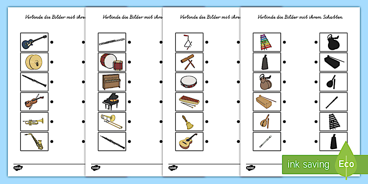 Musikinstrumente mit ihrem Schatten verbinden Arbeitsblätter