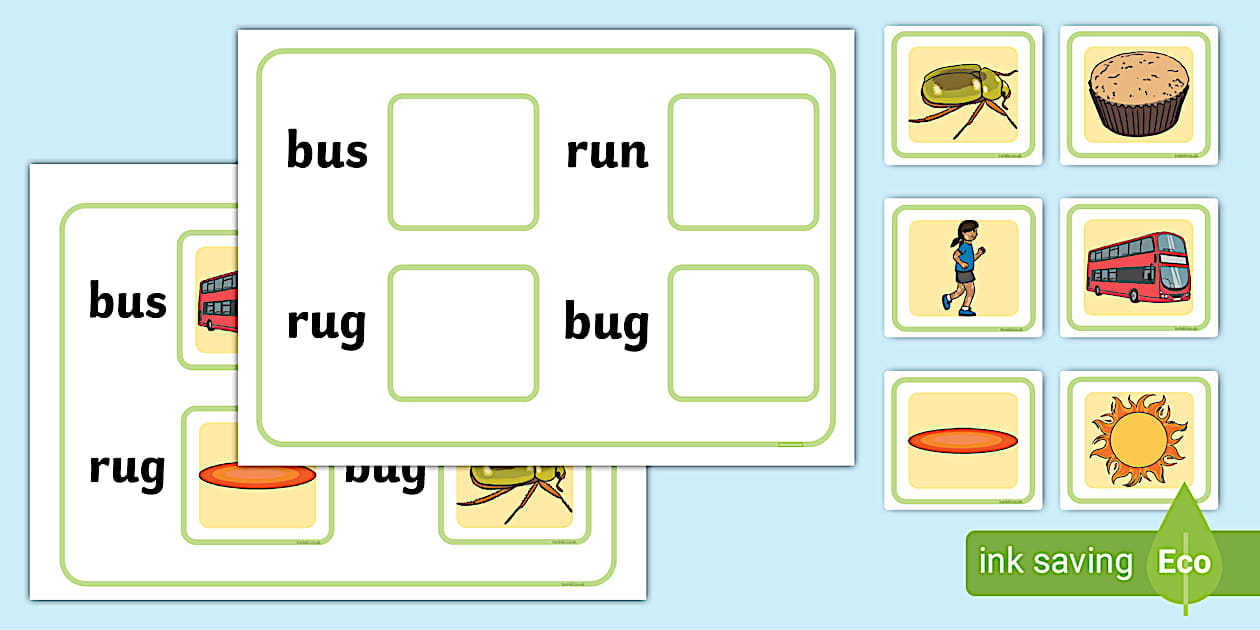 Workstation Pack: Picture to CVC (u) Four Word Matching Activity