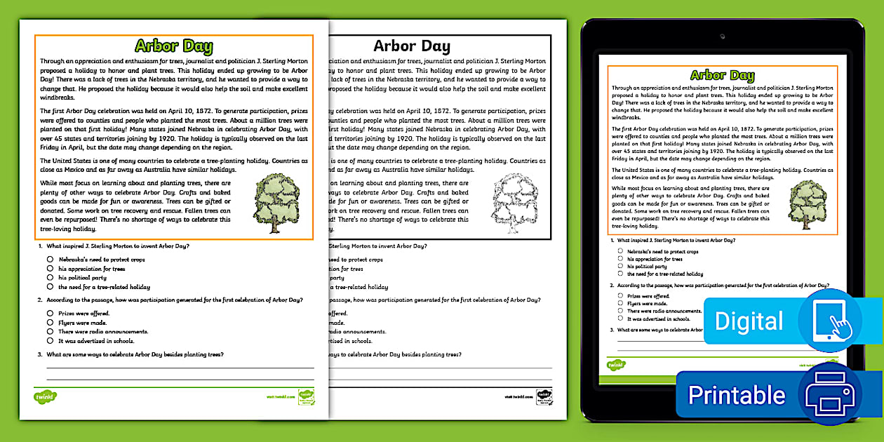 Fifth Grade Arbor Day Reading Passage Comprehension Worksheet