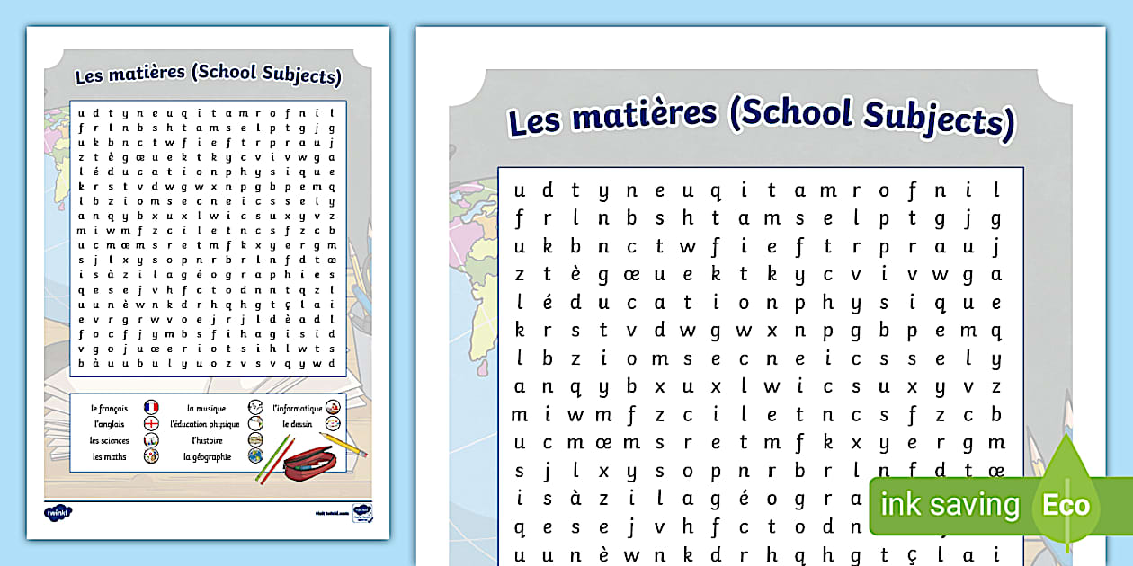 👉 French School Subjects in French Word Search