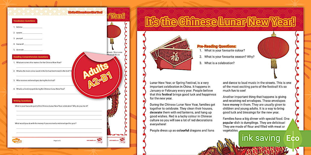 ESL Chinese Lunar New Year Reading Comprehension [Adults, A2-B1]