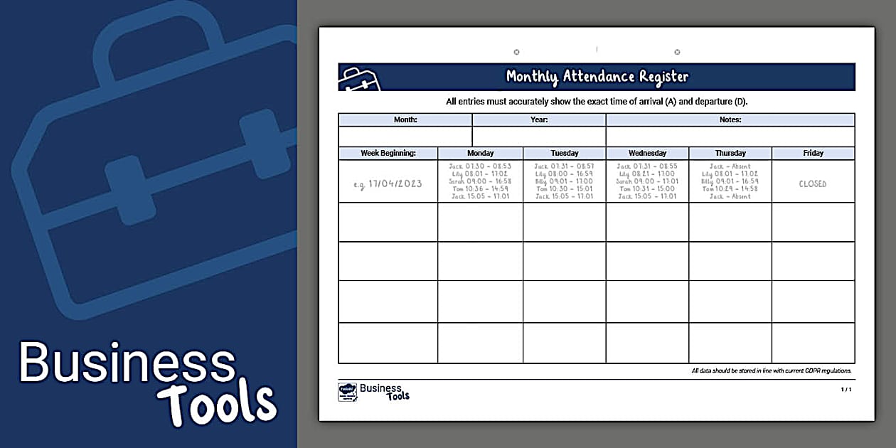Editable Monthly Attendance Register (teacher made) - Twinkl