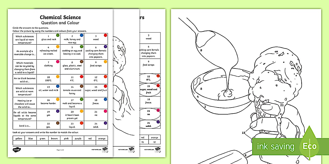 Year 3 Chemical Science Questions and Colouring Worksheet