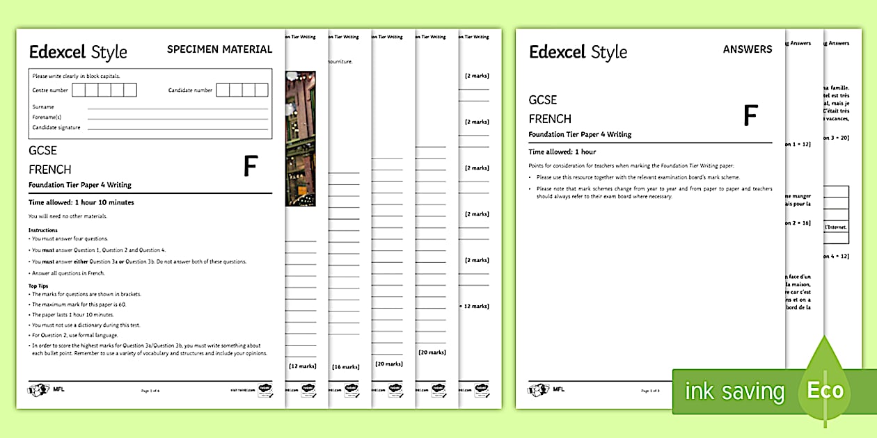 Edexcel Style French Writing Specimen Paper 4: Foundation